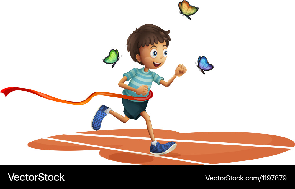 A boy running with three butterflies Royalty Free Vector