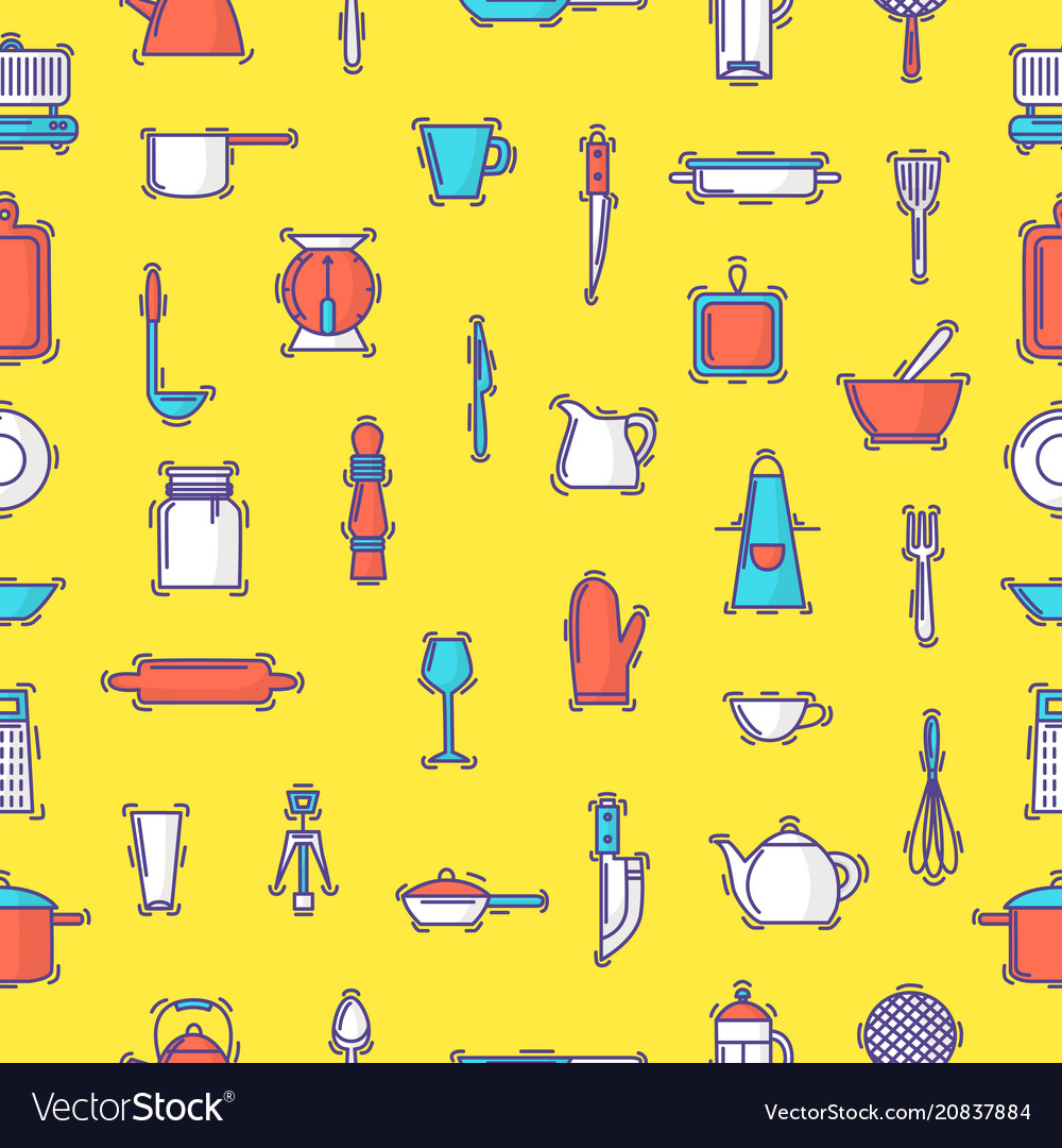 Kitchenware seamless pattern cookware Royalty Free Vector