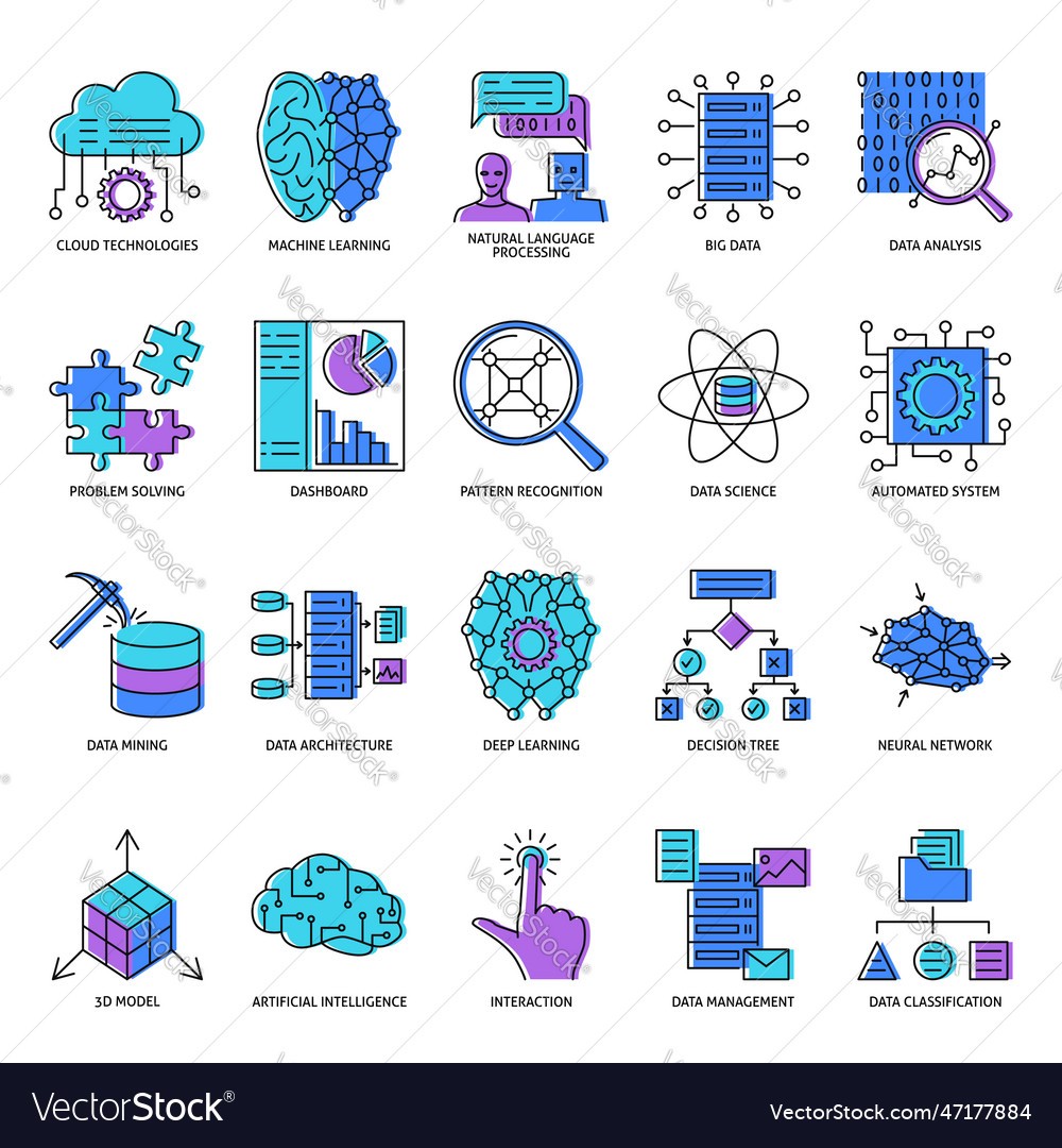 Machine learning icon set in line style Royalty Free Vector Machine learning icon set in line style Royalty Free Vector
