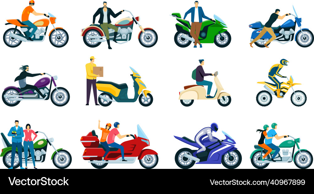 Characters riding motorcycles and scooters Vector Image