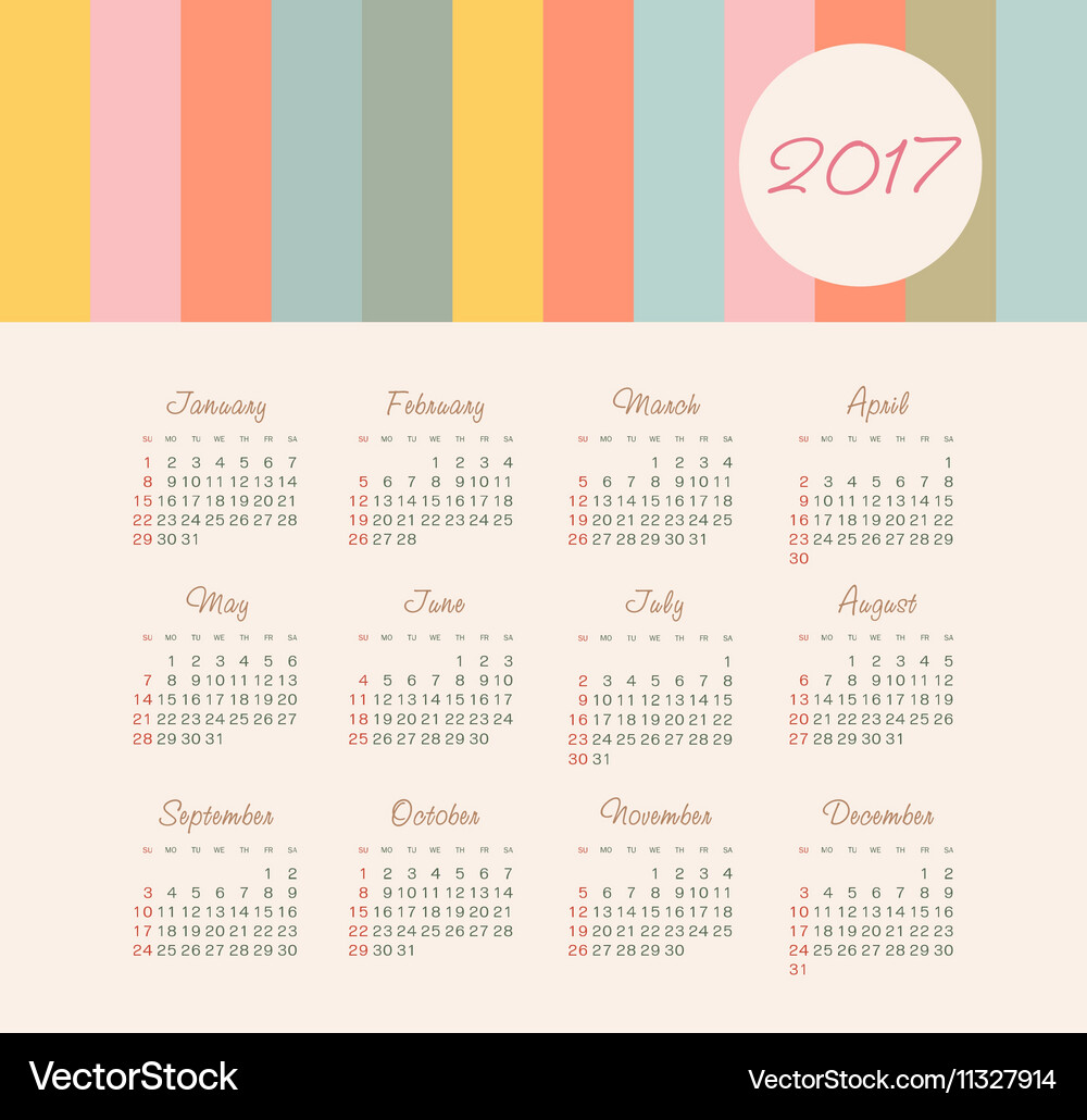 Calendar 2017 year week starts sunday Royalty Free Vector