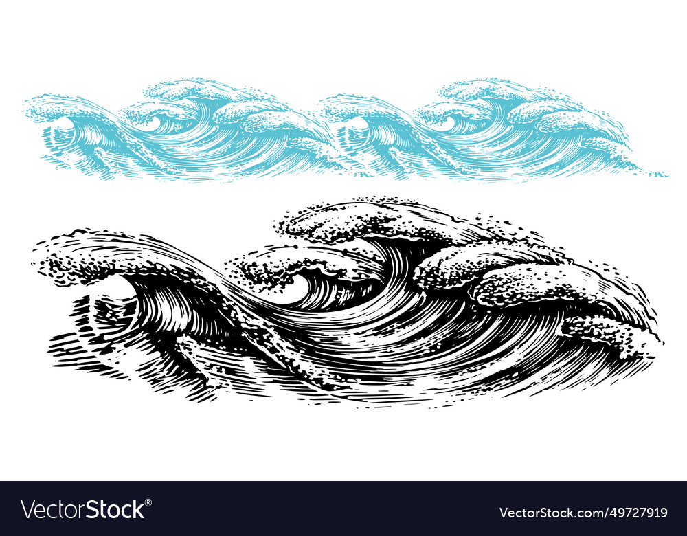 Sea waves vintage ocean tidal Royalty Free Vector Image