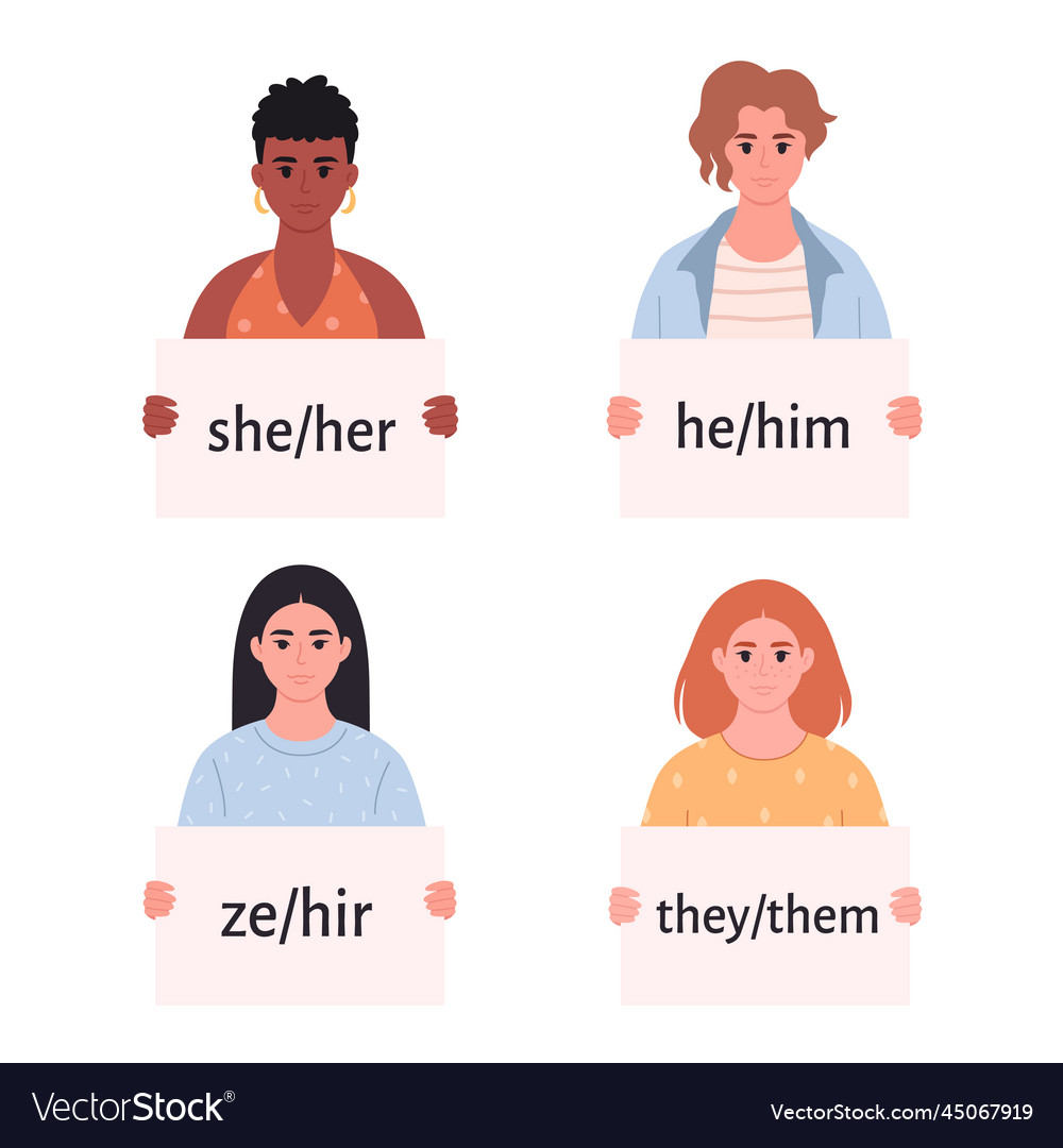 Women holding sign with gender pronouns she he Vector Image
