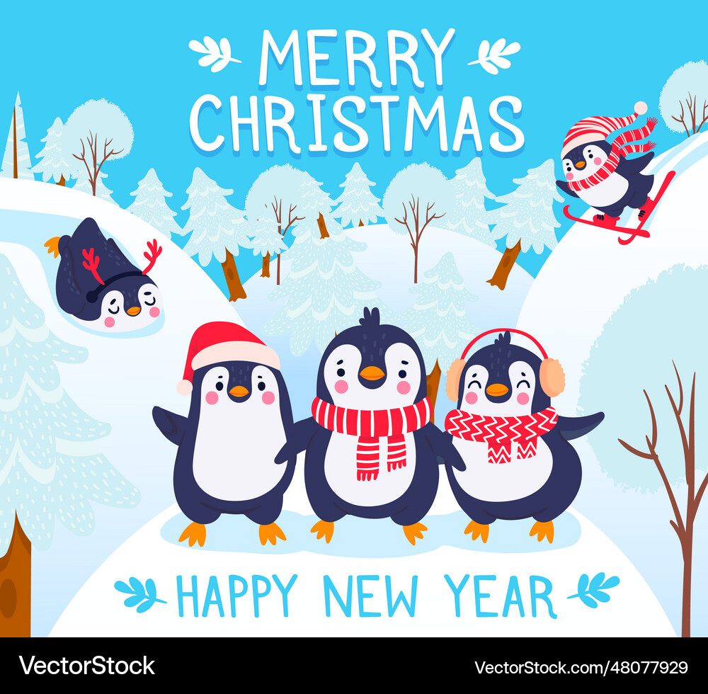 Christmas with penguins holidays greetings with Vector Image