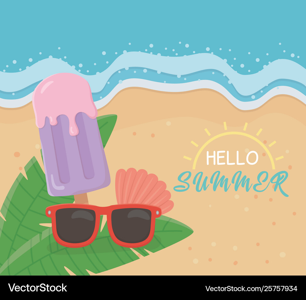 Hello summer poster with beach scene and ice cream