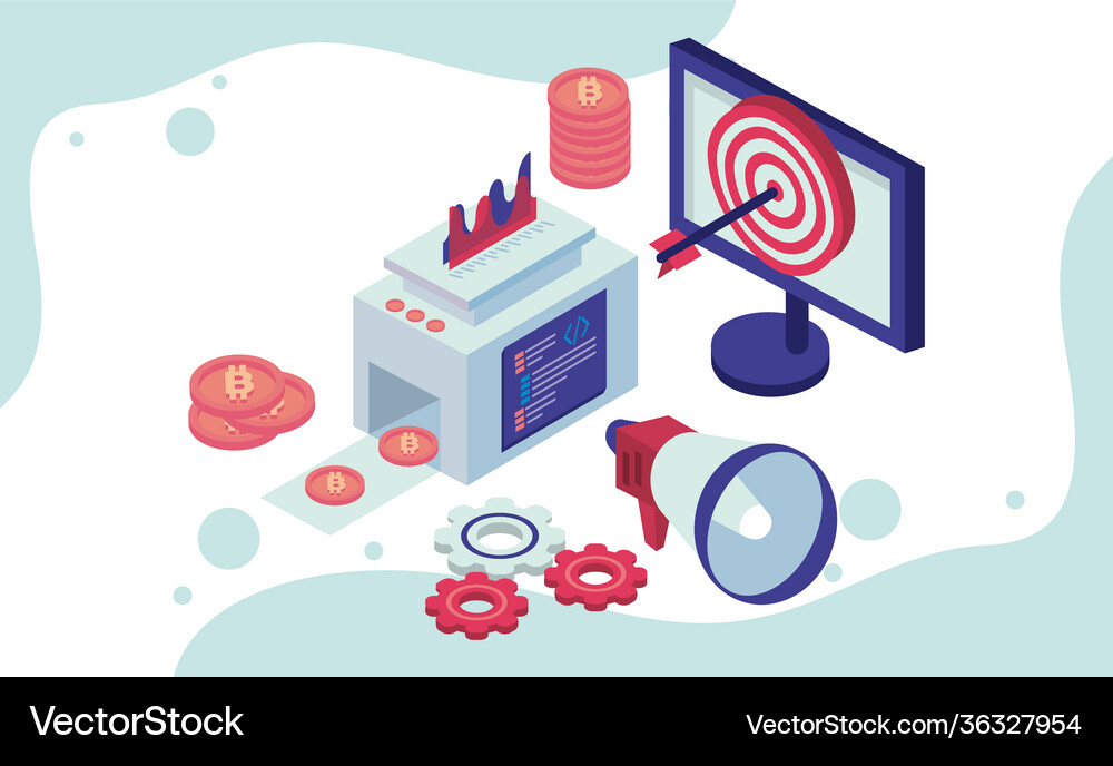 Desktop and bitcoins machine with social media Vector Image