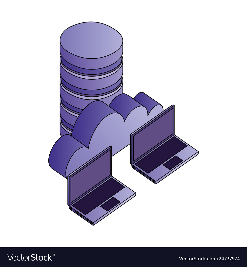 Data center disks with laptops computers and cloud