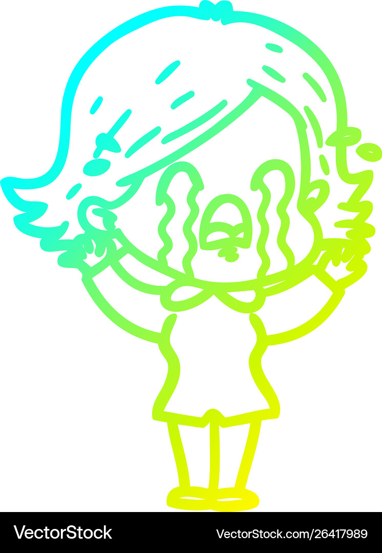 Cold gradient line drawing cartoon woman crying Vector Image