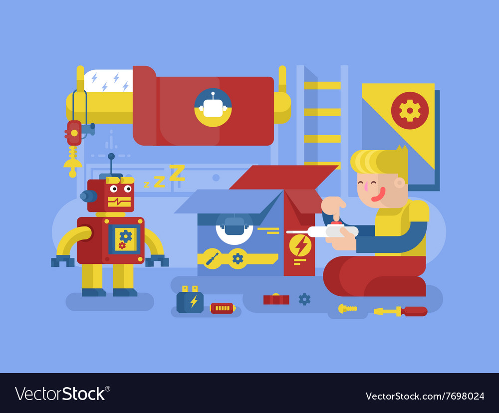 Robotics guy control robot Royalty Free Vector Image