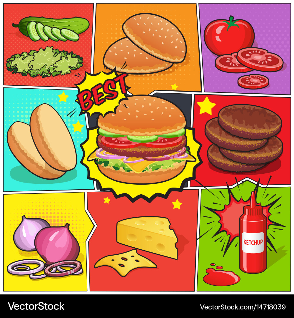 Burger comic book page Royalty Free Vector Image