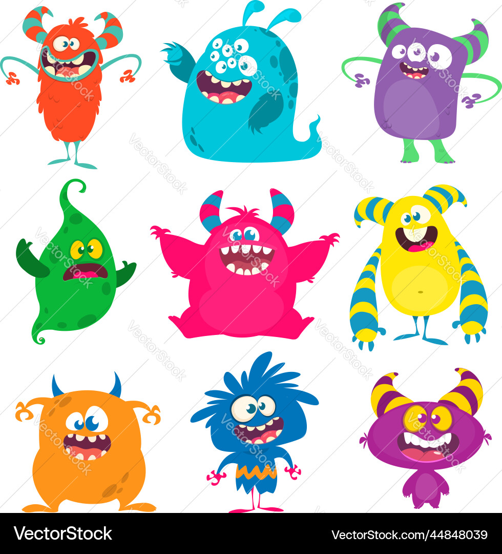 Funny cartoon creatures set of monsters Royalty Free Vector