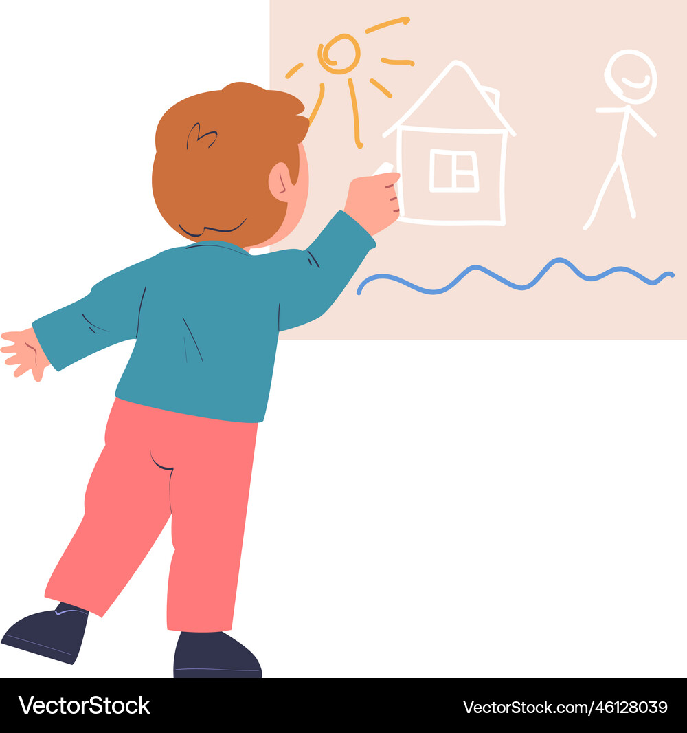 Little boy drawing on wall with chalk being at Vector Image