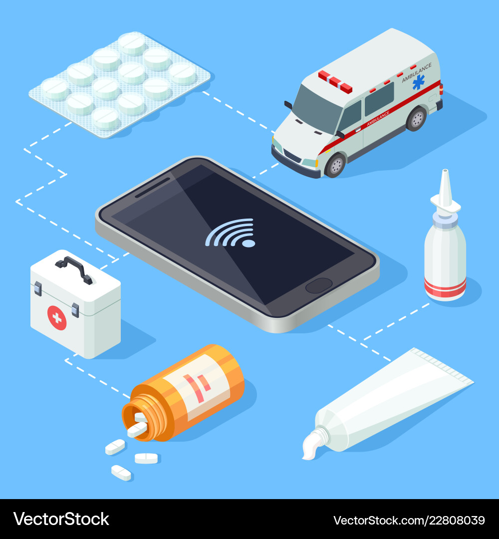 Online medical app for first aid isometric Vector Image