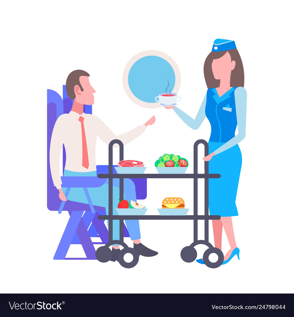 Flight Stewardess Serving Drinks And Food To Vector Image