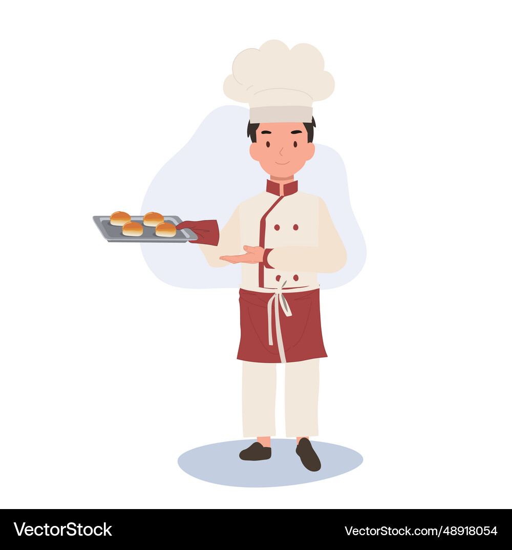 Child cook in chefs hat and apron baking a Vector Image