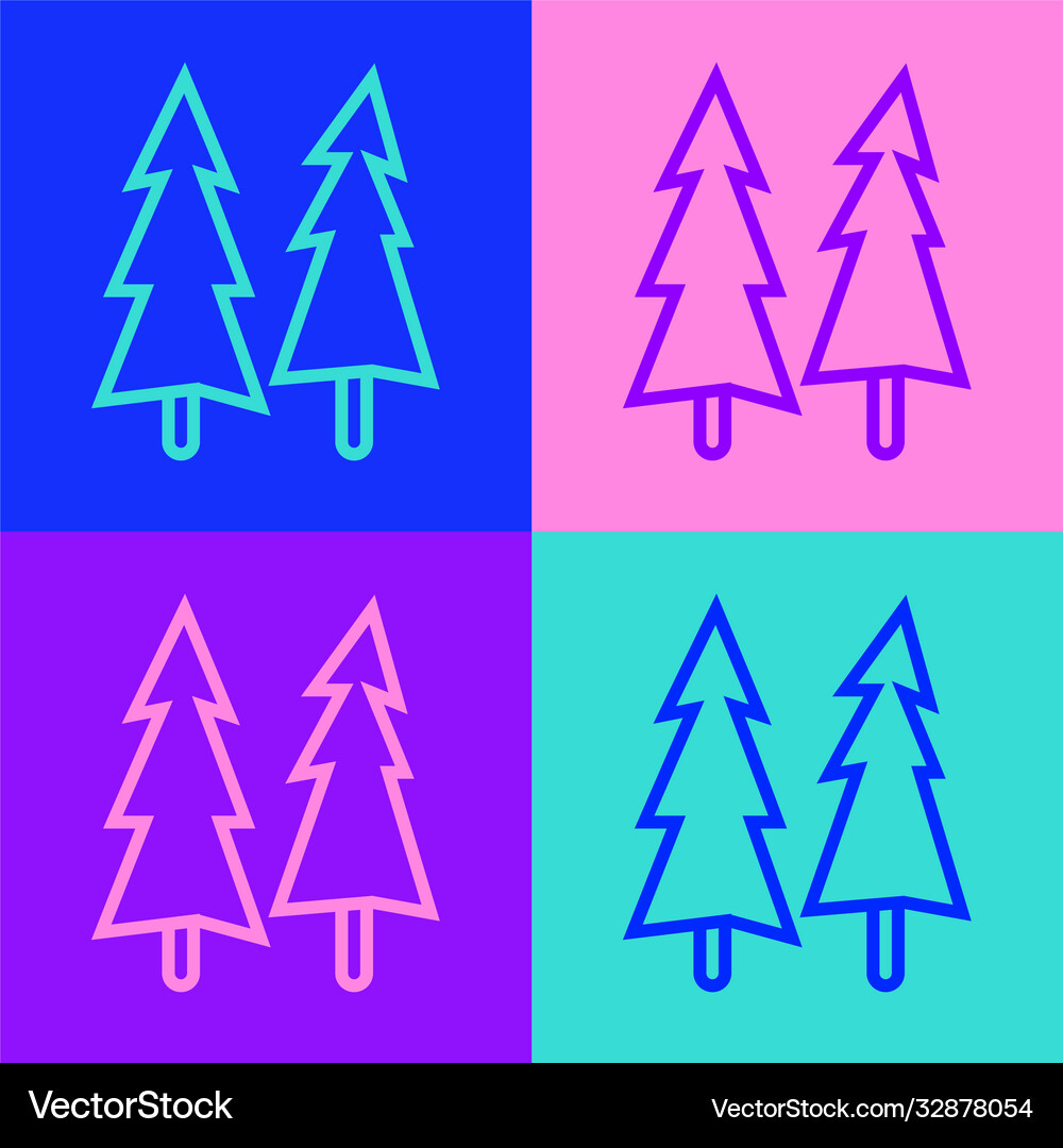 Pop art line christmas tree icon isolated on color