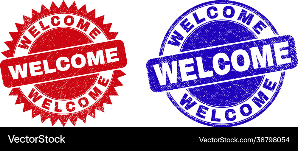 Welcome round and rosette seals with scratched Vector Image