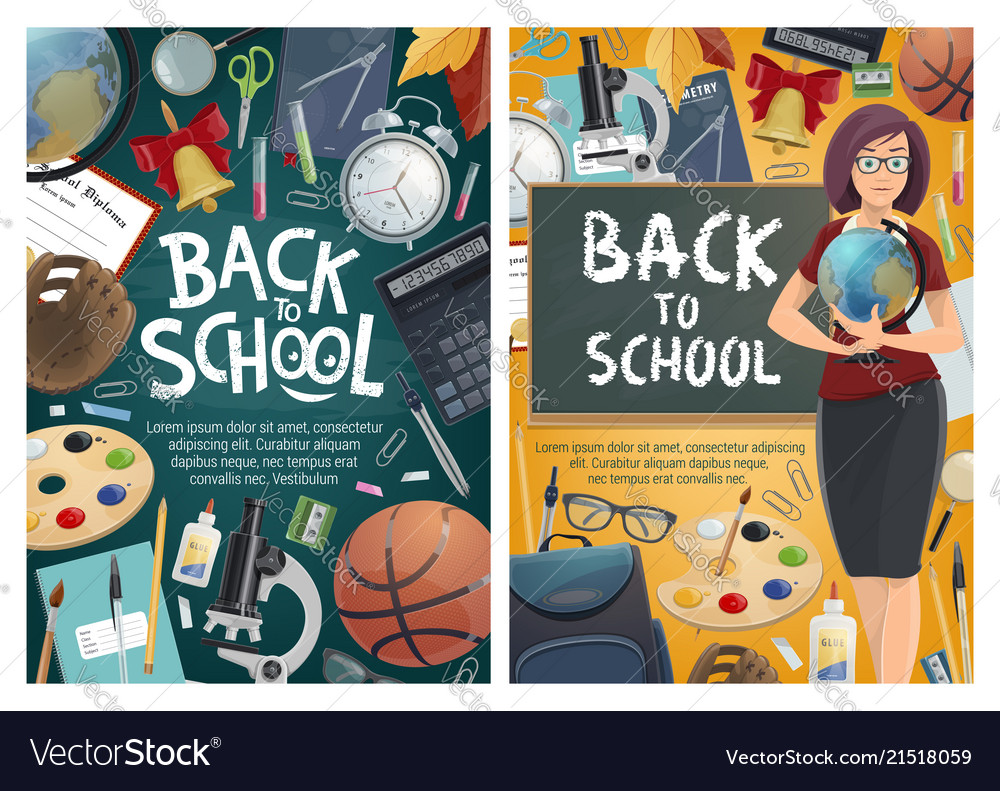 Back to school posters with teacher and stationery