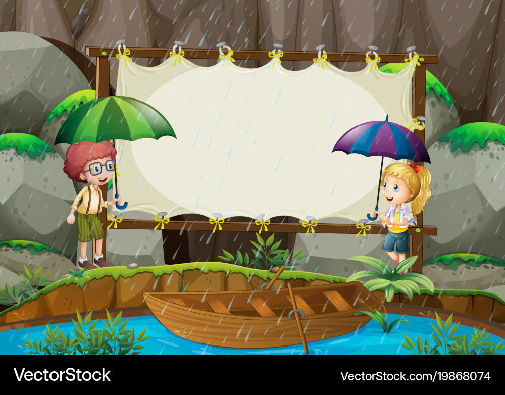 Banner template with kids in rain Royalty Free Vector Image