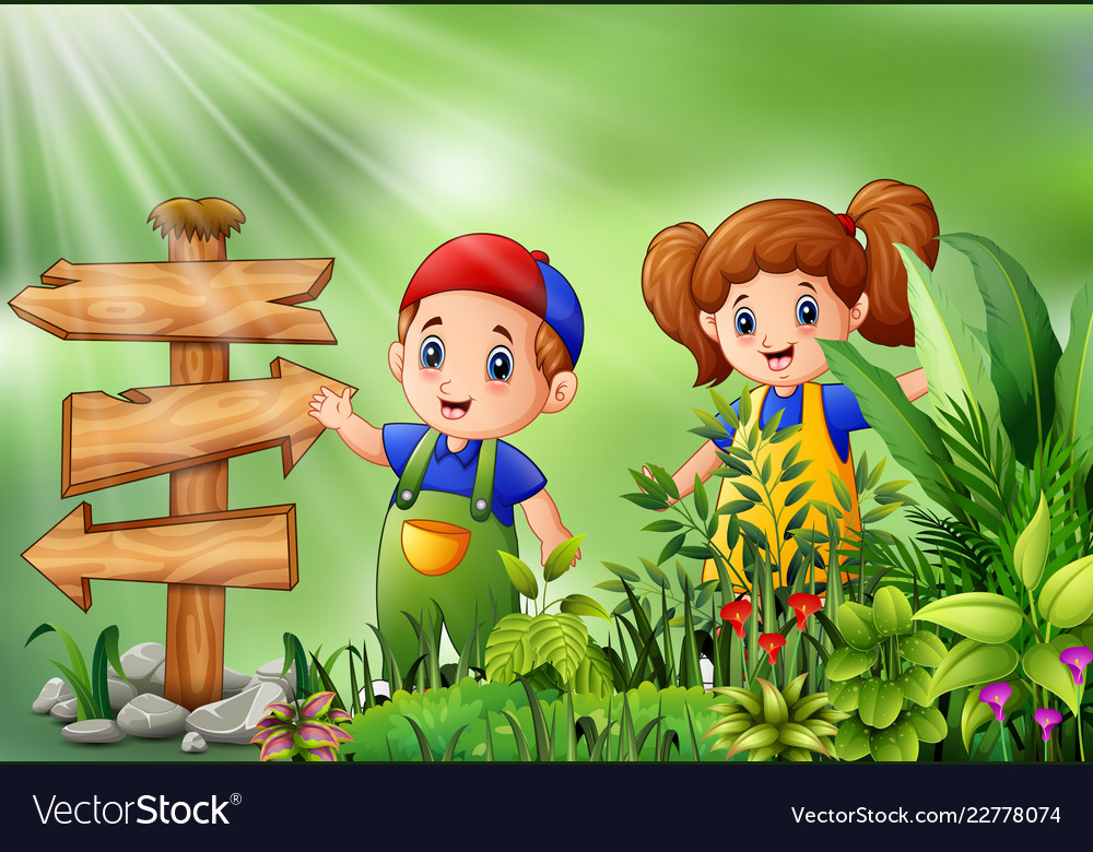 Cartoon little farmer standing beside signpost Vector Image Cartoon little farmer standing beside signpost Vector Image