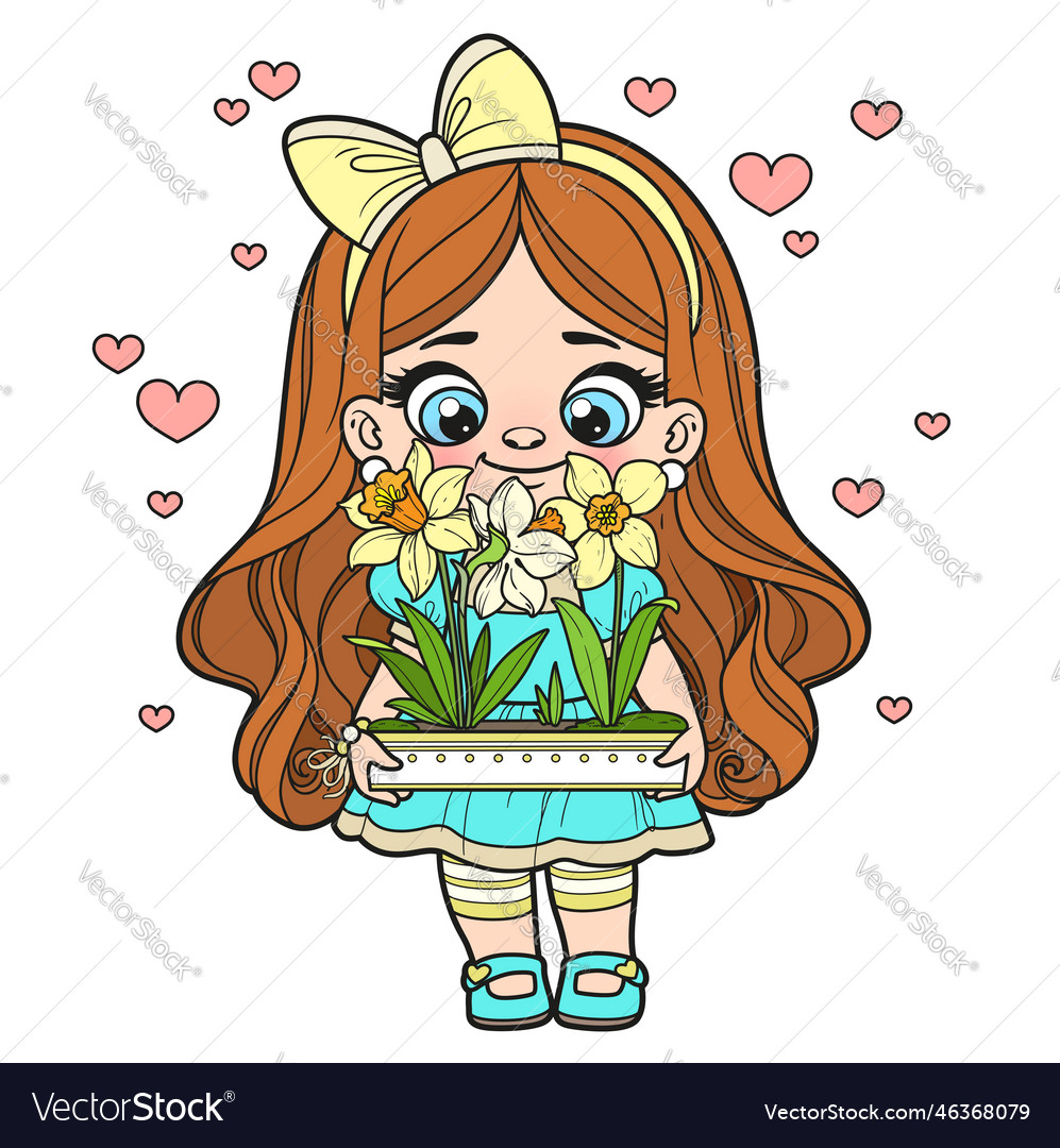 Cute Cartoon Long Haired Girl Holds In Hands Vector Image