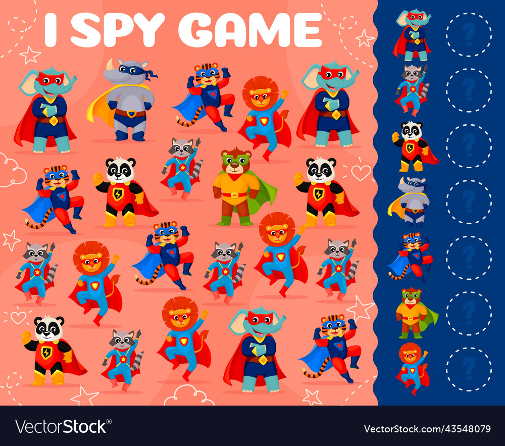 I spy game worksheet of cartoon superhero animals Vector Image
