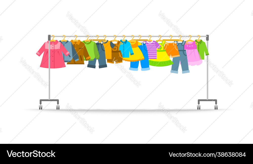 Kids clothes on long rolling hanger rack Vector Image