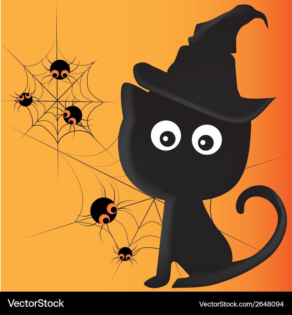 A black cat with hat and some spiders Royalty Free Vector