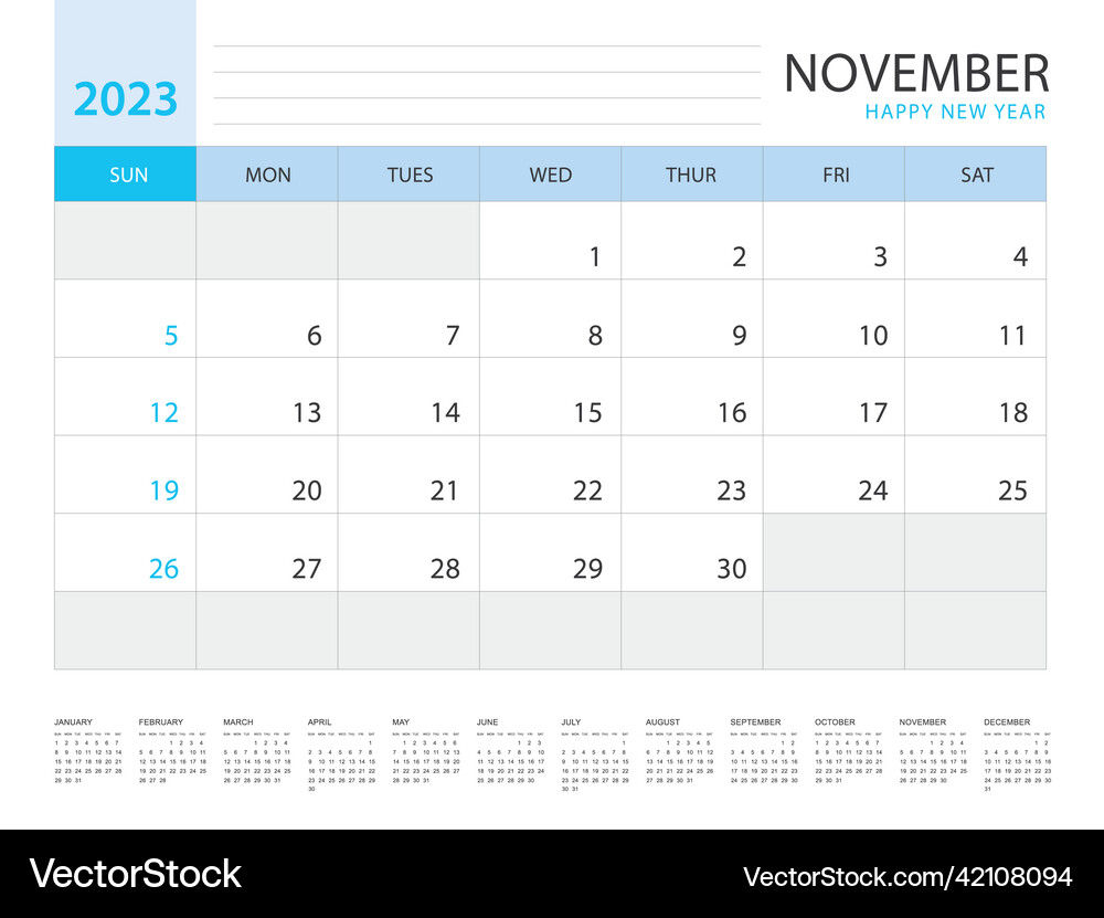 Calendar 2023 year template november layout Vector Image