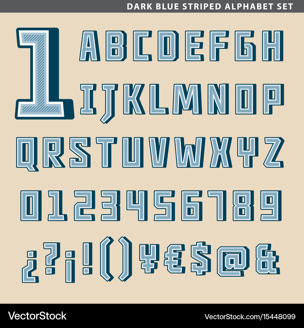 Dark blue striped alphabet set Royalty Free Vector Image