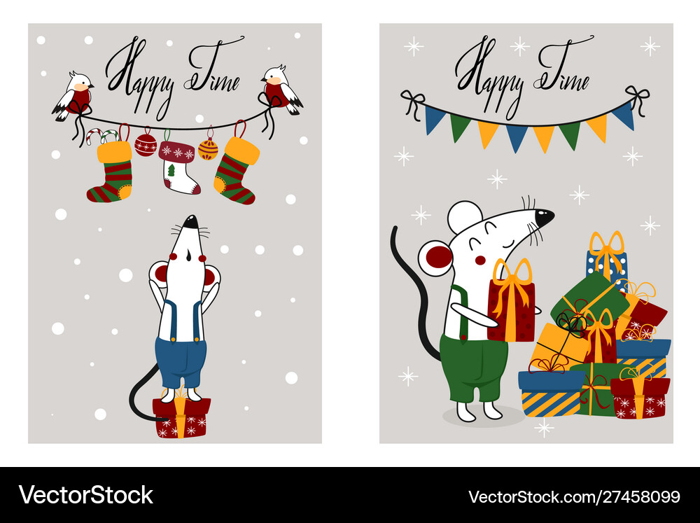 Set isolated cards with rat and gift Royalty Free Vector
