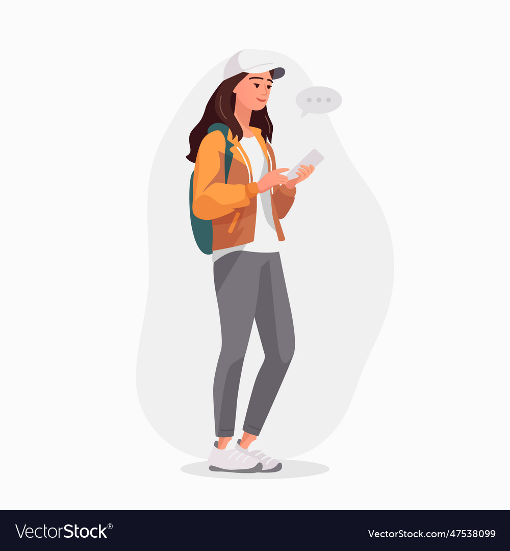 Young girl woman is looking on smartphone Vector Image Young girl woman is looking on smartphone Vector Image