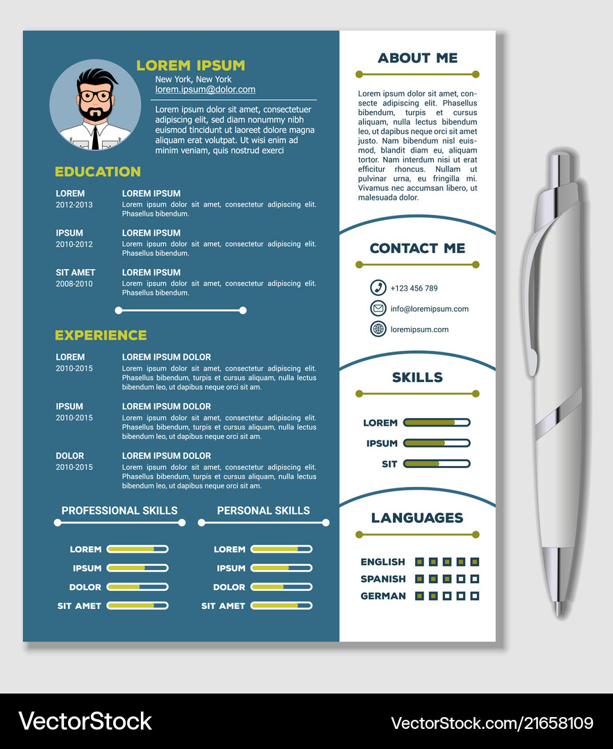 Resume cv template and realistic pen Royalty Free Vector