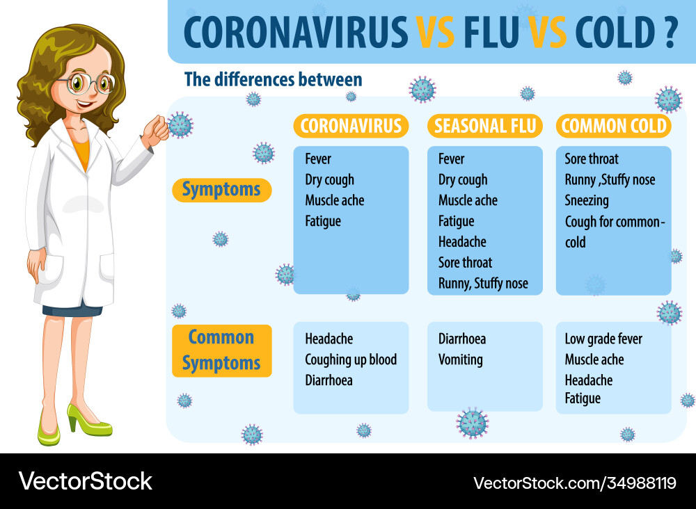 Comparison coronavirus cold and flu Royalty Free Vector