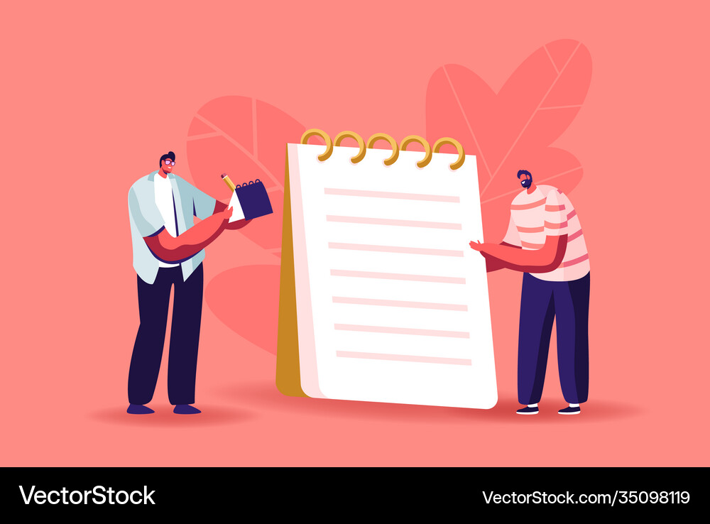 Small Figures Writing in Large Notebook Royalty Free Vector