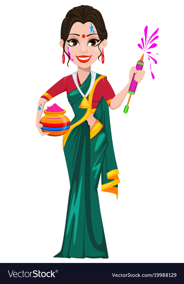Beautiful Indian Woman Holding Pot With Colored Vector Image