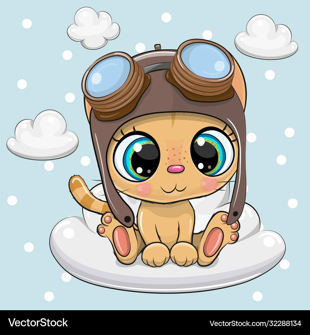 Cute cartoon kitten in a pilot hat on cloud Vector Image