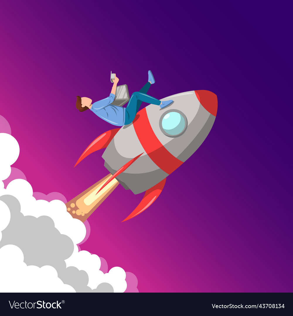 Man riding a rocket launch with laptop Royalty Free Vector Man riding a rocket launch with laptop Royalty Free Vector