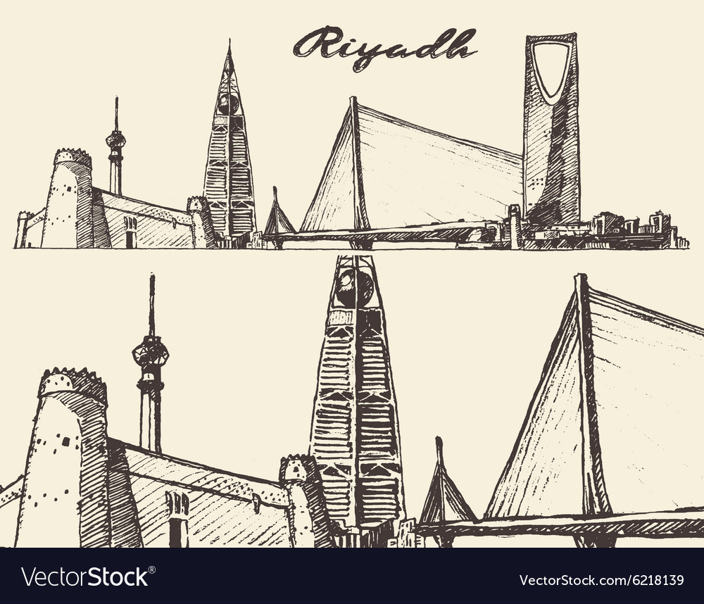Riyadh skyline engraved hand drawn sketch Vector Image Riyadh skyline engraved hand drawn sketch Vector Image