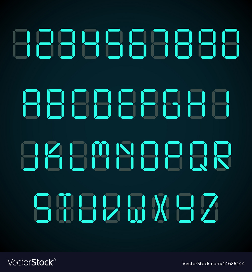 Digital Font Alarm Clock Letters And Numbers Vector Image