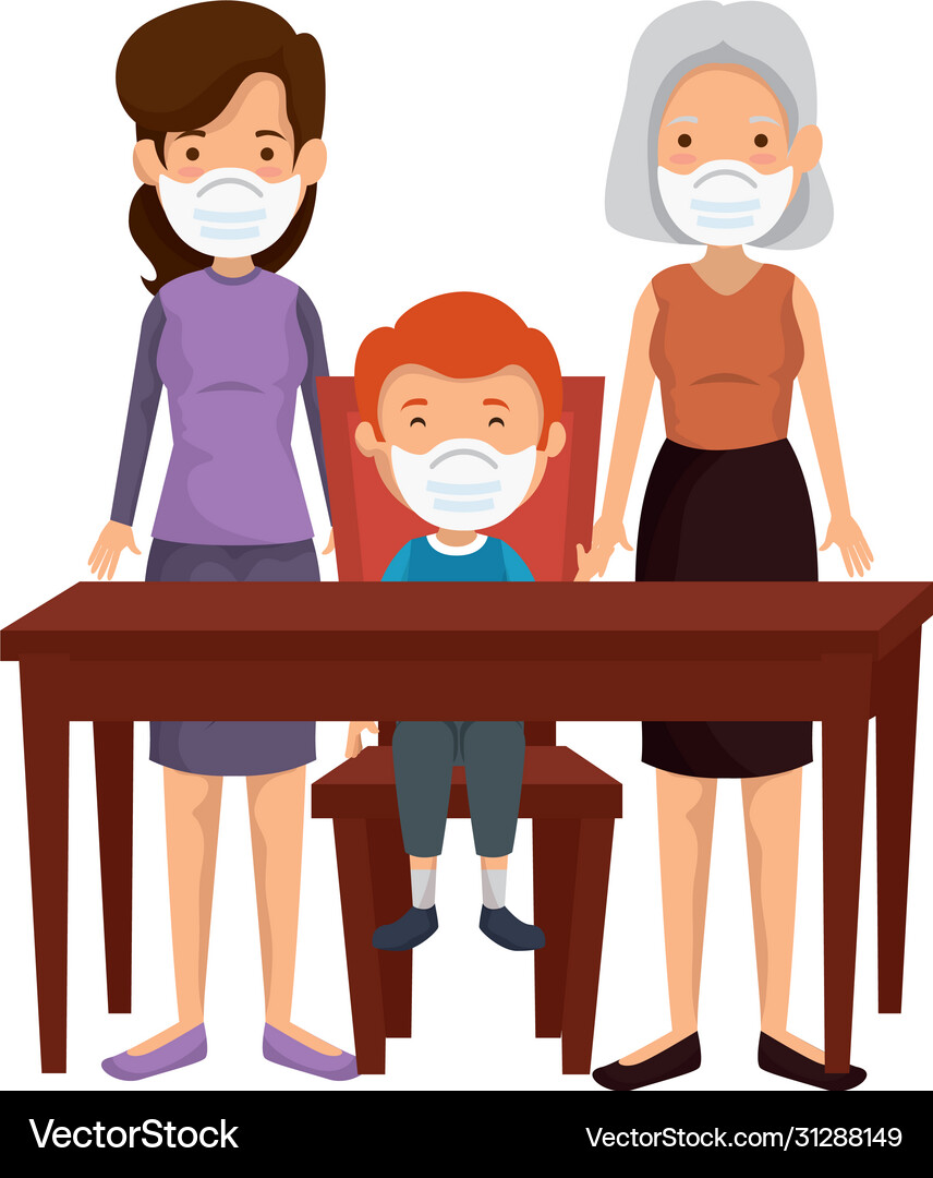 Mother with grandmother and son using face mask Vector Image