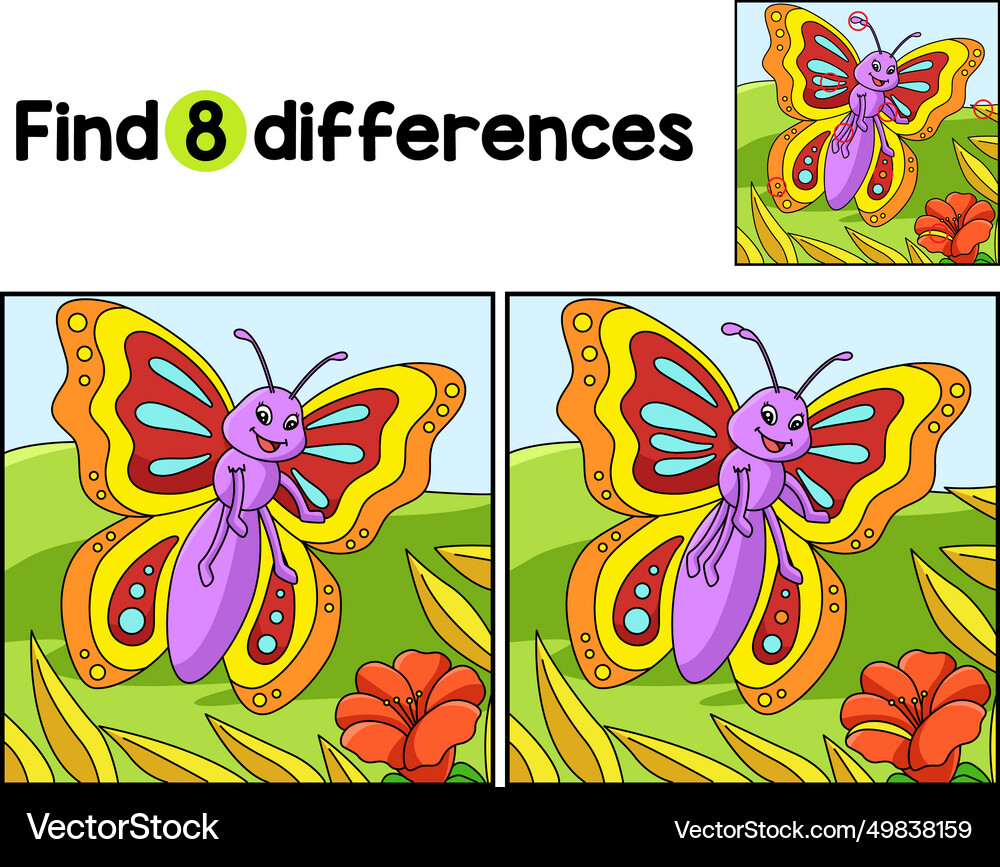 Butterfly animal find the differences Royalty Free Vector