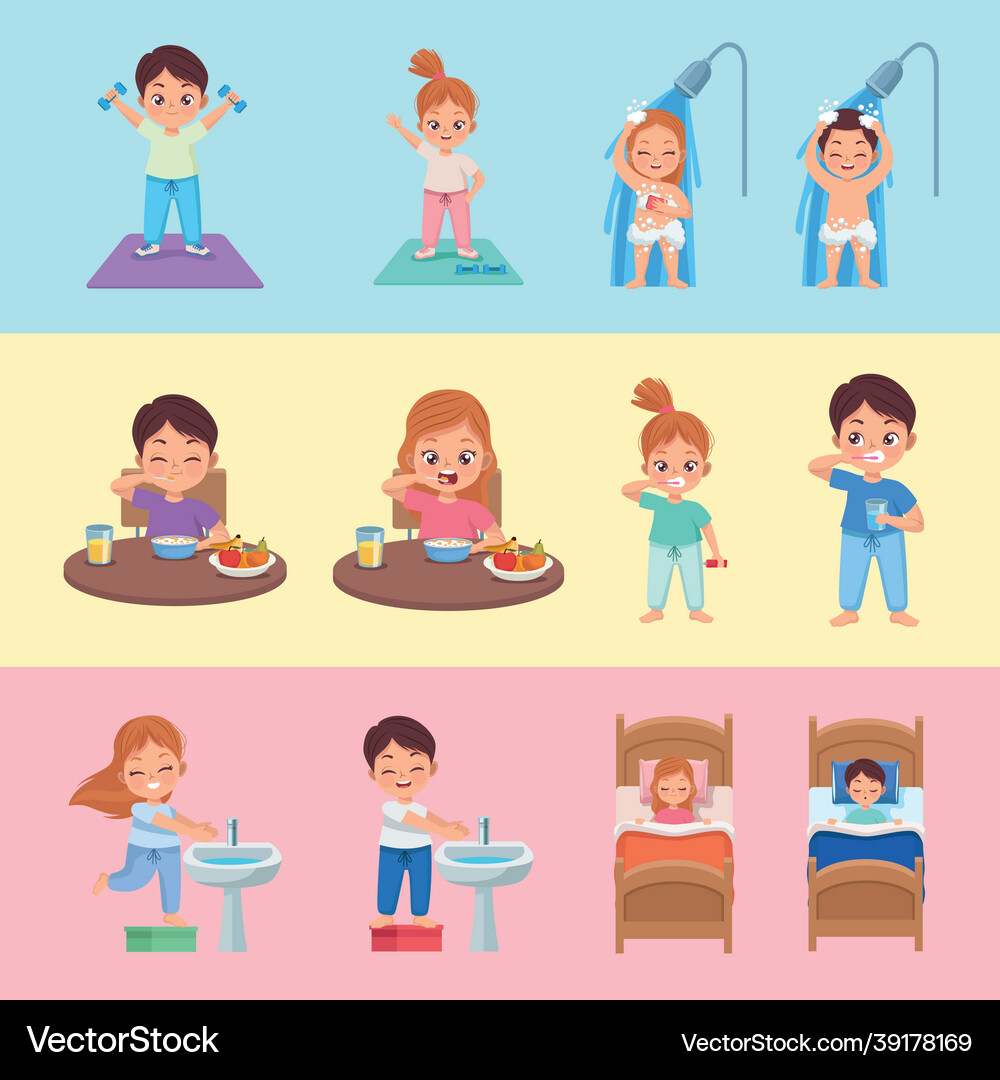 Bed routine twelve kids Royalty Free Vector Image