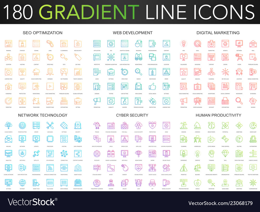 180 trendy gradient thin line icons set Royalty Free Vector