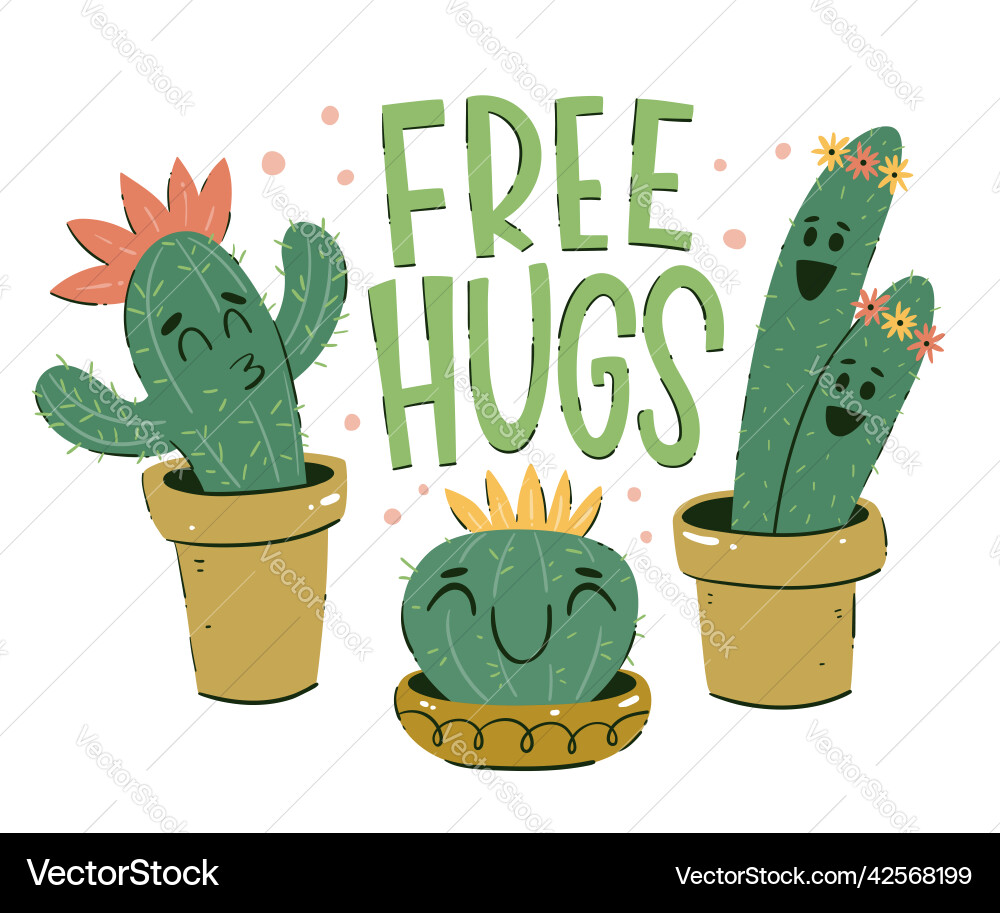 Free hugs cartoon cacti background Royalty Free Vector Image