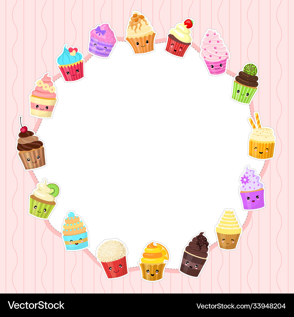 Round frame decorated with cute cartoon cupcakes Vector Image