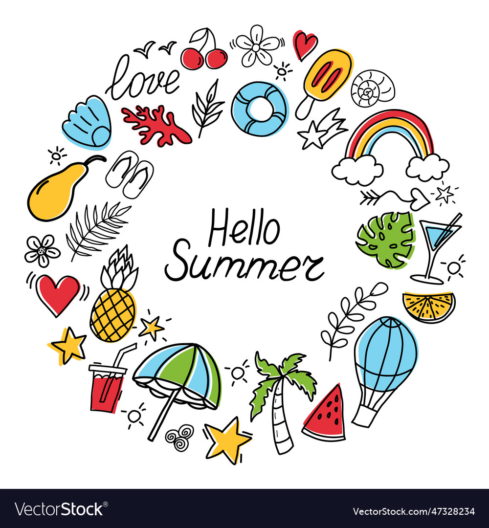 Summer color doodles icon set in round hello Vector Image