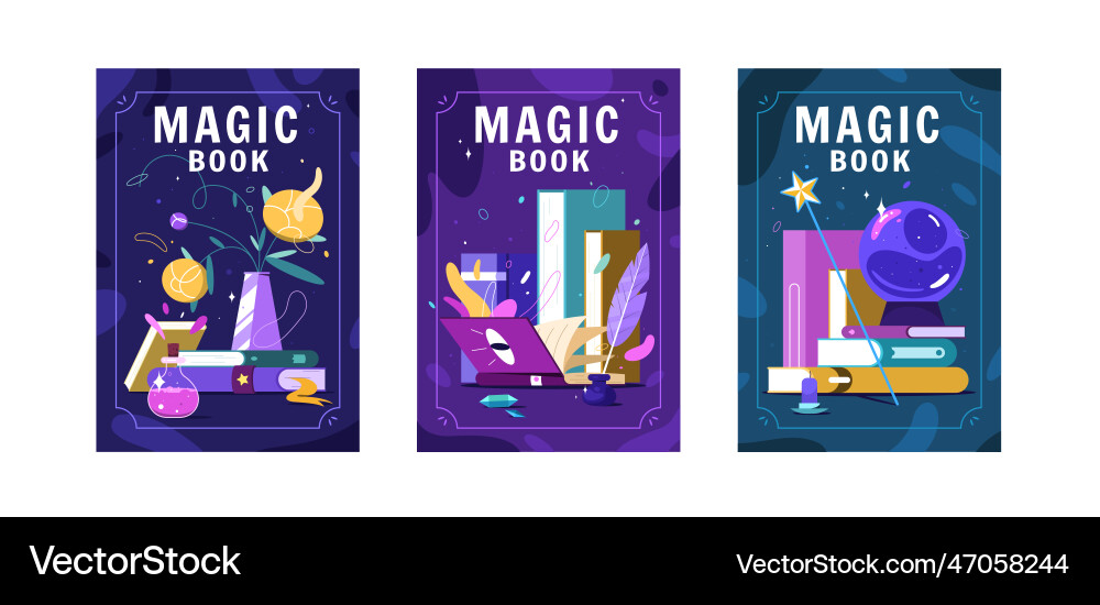 Flat magic book posters with literature piles Vector Image