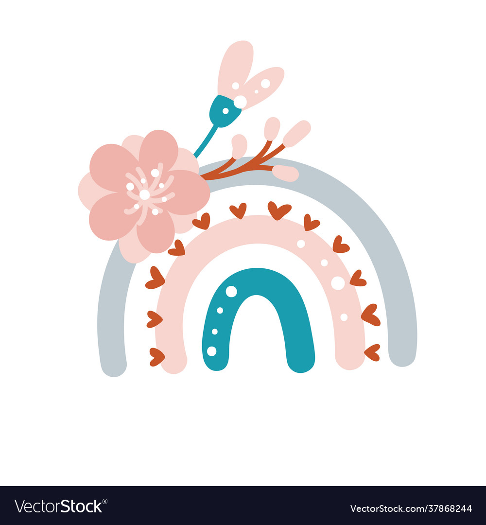 Spring rainbow with bouquet and hearts Royalty Free Vector