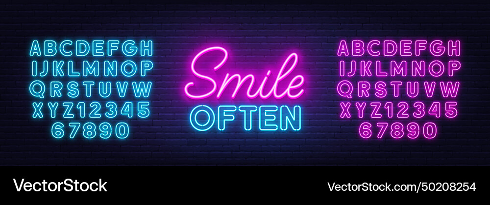 Smile often neon lettering on brick wall Vector Image